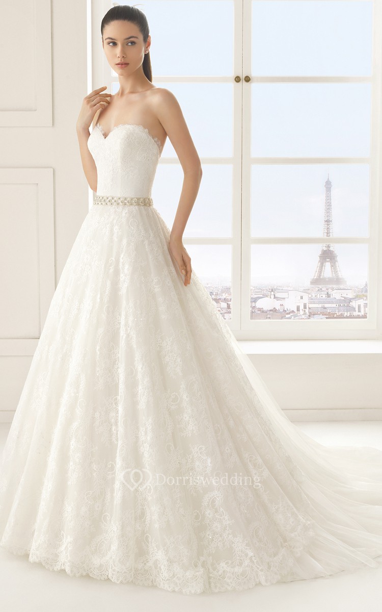 Sleeveless Sweetheart Lace A-line Dress With Beading Sash - Dorris Wedding