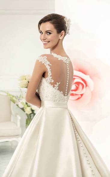 Jeweled Neck Cap Sleeve A-line Satin Wedding Dress With Lace Bodice ...