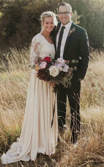 Elegant Long Sleeve Sheath Scalloped Lace And Satin Wedding Bridal Gown ...