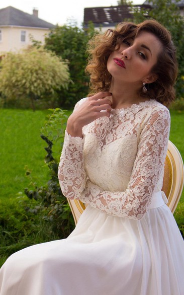 Long Sleeve Chiffon Lace Satin Wedding Dress | Dorris Wedding