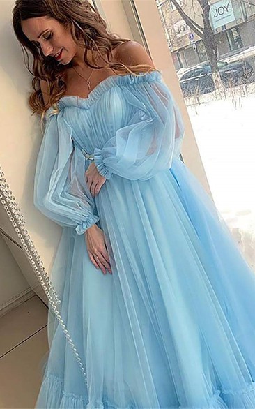 Tulle Floor-length Brush Train Ball Gown Long Sleeve Ethereal Prom ...