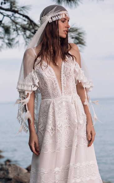 Hippie Plunged Spaghetti Lace Empire Boho Sweep Train Beach Wedding ...