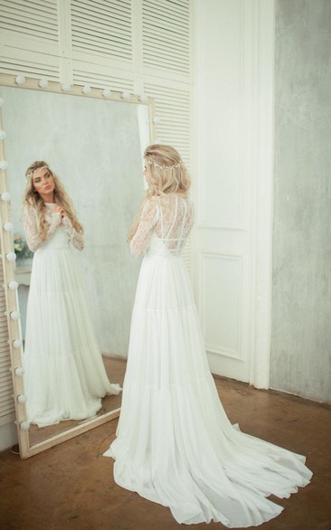 Jewel Neck Long Sleeve A-Line Lace and Chiffon Dress With Illusion Back ...