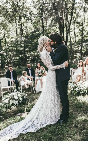 High-neck Sheer Lace Backless Long Sleeve Vintage Wedding Dress with ...