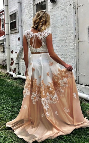 Two Piece Cap Lace Two-Tone Lace Applique Keyhole Beach Wedding Dress ...