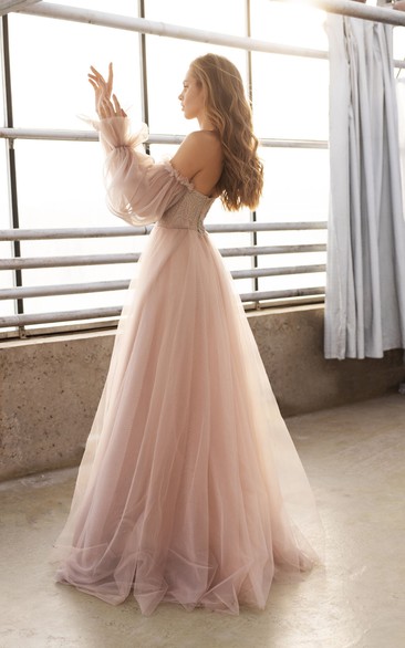 Flowy Sweetheart Blush Puff-long-sleeve Tulle Empire Boho Wedding Dress ...