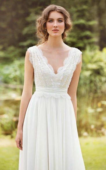 Plunged Sleeveless Chiffon Pleated Wedding Dress With Lace And Bow ...