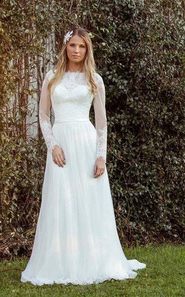 Sheath Long-Sleeve Jewel-Neck Chiffon Wedding Dress With Illusion ...