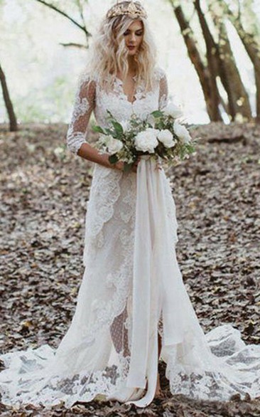 V-neck Long Sleeve Lace Layered Country Wedding Dress - Dorris Wedding