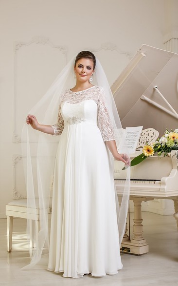 A-Line Long Jewel-Neck Illusion-Sleeve Empire Corset-Back Chiffon Dress ...