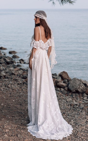 Hippie Plunged Spaghetti Lace Empire Boho Sweep Train Beach Wedding ...