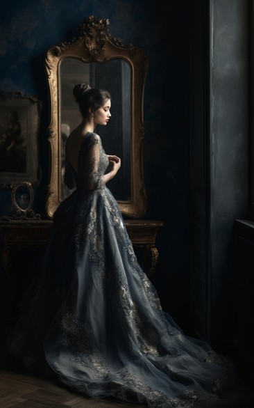 Illusion Long Sleeve Deep Blue Applique Elegant Gothic Wedding Dress ...
