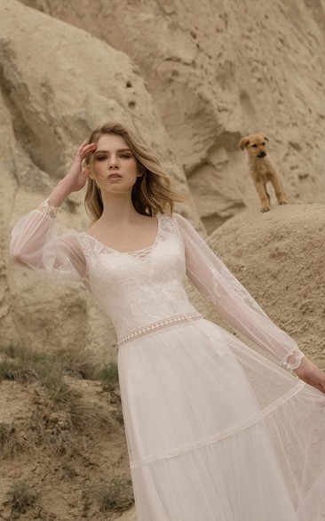 V-neck Flowy 2-in-1 Tulle Long Sleeve A-line Wedding Dress with Lace ...