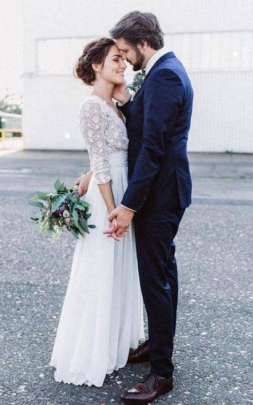 Empire V-neck Chiffon Simple Long Sleeve Floor-length Wedding Dress ...