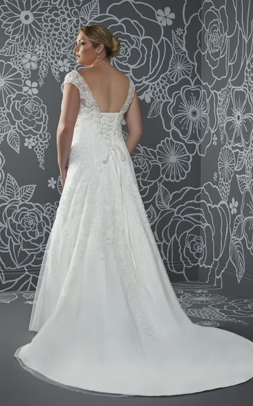 A-Line Floor-Length V-Neck Cap Satin Court Train Lace-Up Back Appliques ...