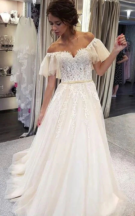 Off-the-shoulder Empire A-line Chiffon Adorable Wedding Dress with Lace ...
