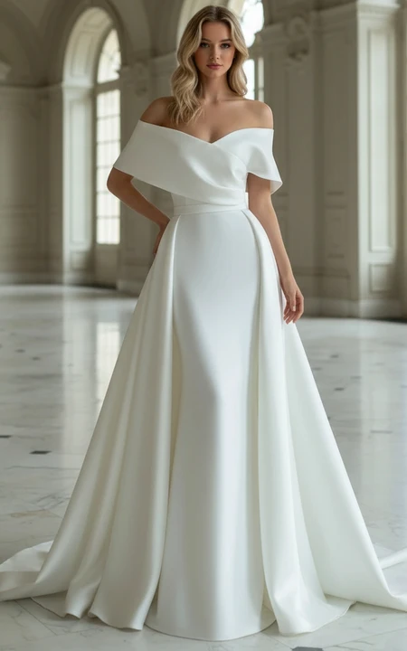 Off-the-Shoulder A-line Simple Satin Wedding Dress | Dorris Wedding