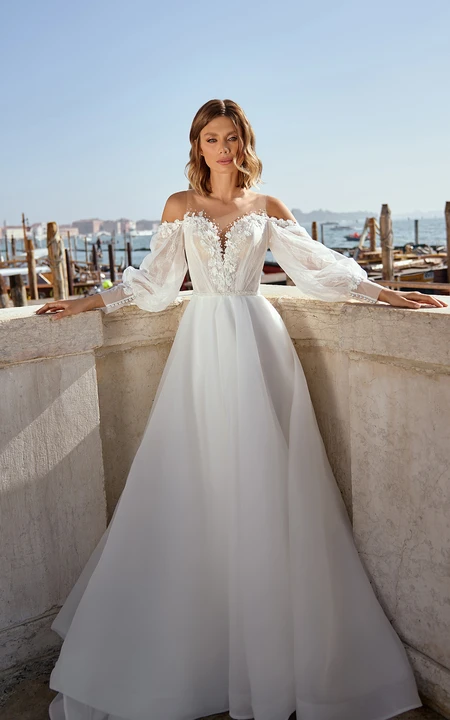 Off-the-shoulder Ruched Puff-long-sleeve Empire A-line Wedding Dress ...