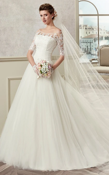 Half-Sleeve A-Line Bridal Gown With Off Shoulder And Pleated Skirt ...