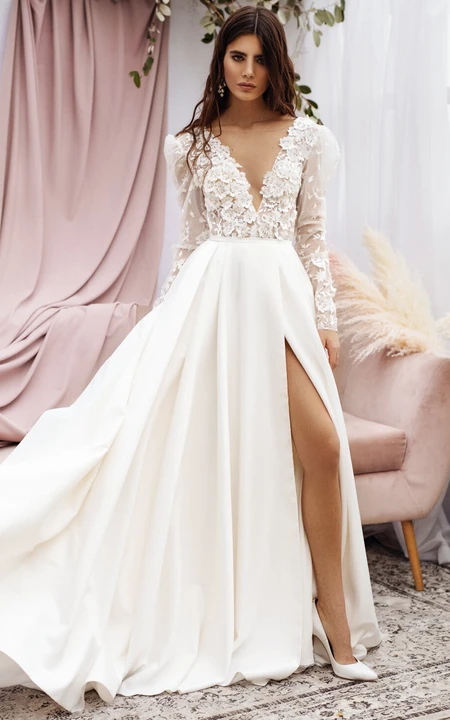 Sexy Plunged Long Sleeve Front Split Chiffon Elegant Wedding Dress with ...