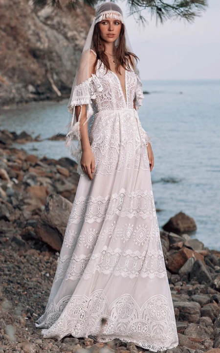 Hippie Plunged Spaghetti Lace Empire Boho Sweep Train Beach Wedding ...