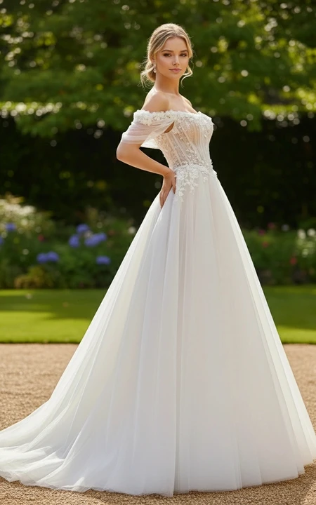 Off-the-Shoulder Lace A-line Ball Gown Wedding Dress | Dorris Wedding